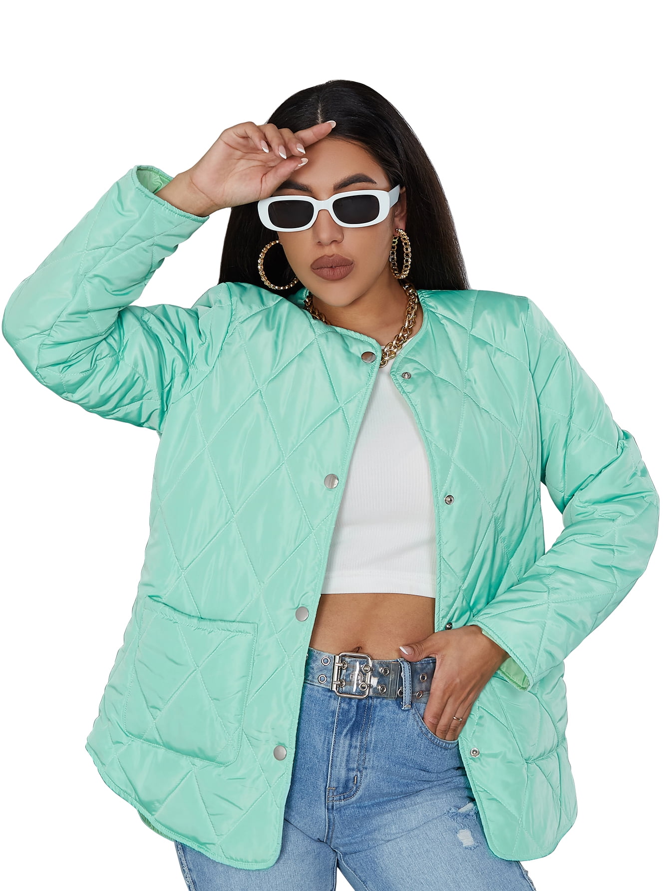 Eilly Bazar Quilted Padded Jacket for Women Long Sleeve Crop Length ...