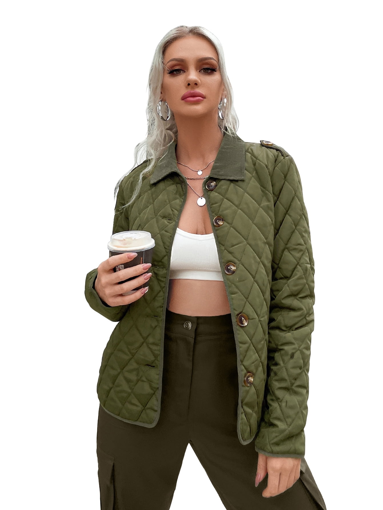 Eilly Bazar Quilted Winter Coat for Women Long Sleeve Female Button Front Short Coat Army Green ...