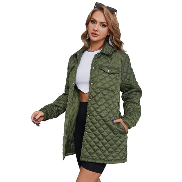 Eilly Bazar Quilted Winter Coat for Women Long Sleeve Flap Pocket Female Button Front Short Coat ...