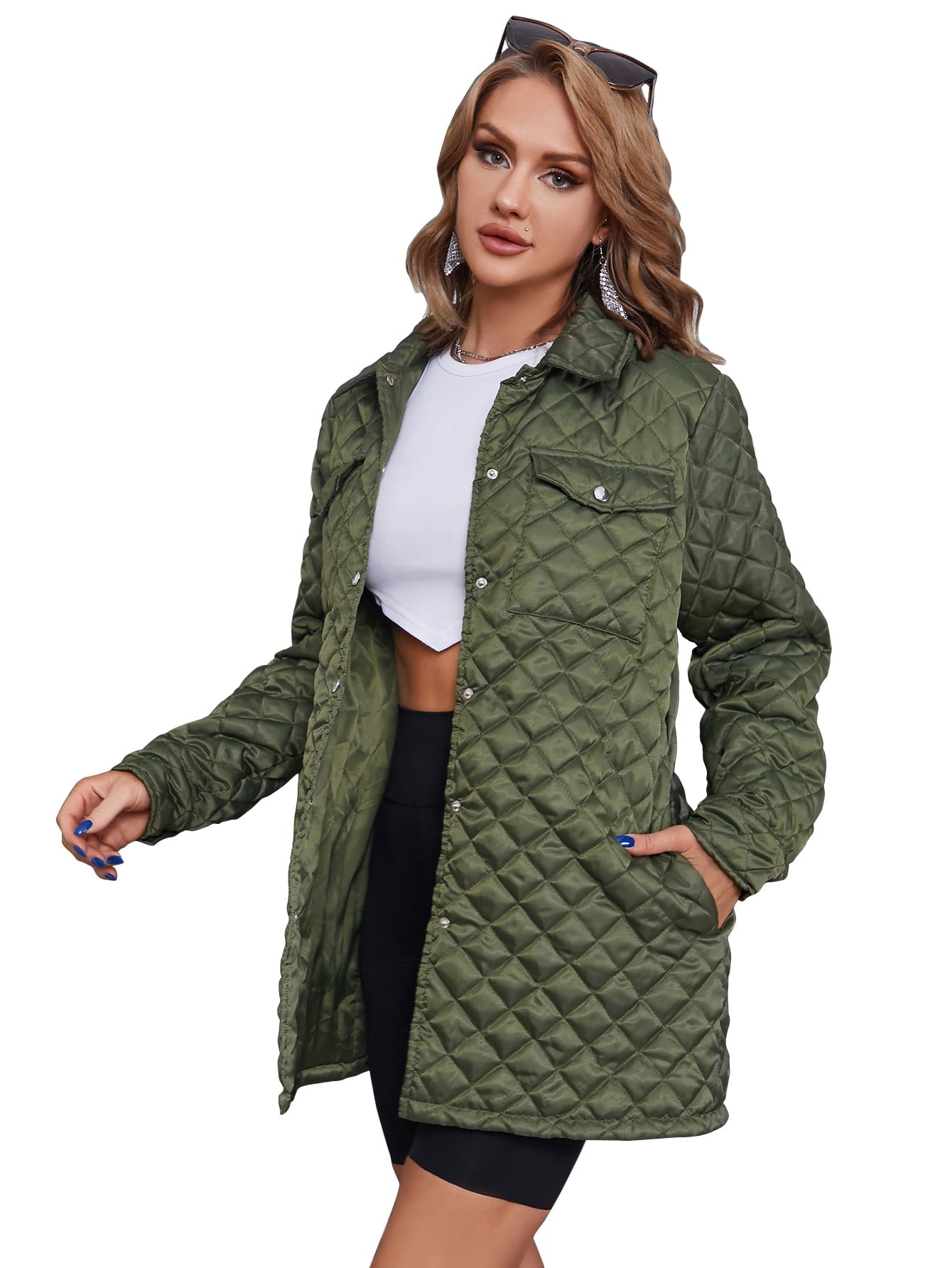 Eilly Bazar Quilted Winter Coat for Women Long Sleeve Flap Pocket ...
