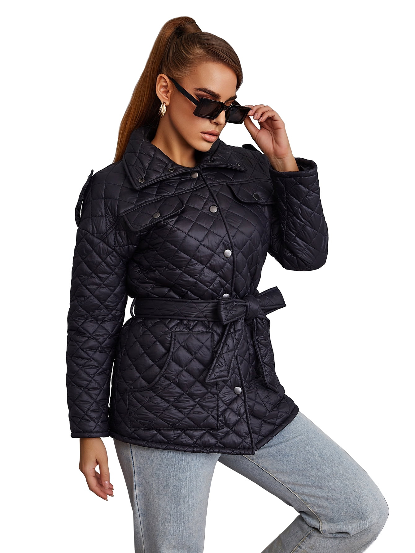 Eilly Bazar Quilted Winter Coat for Women Long Sleeve Flap Pocket ...