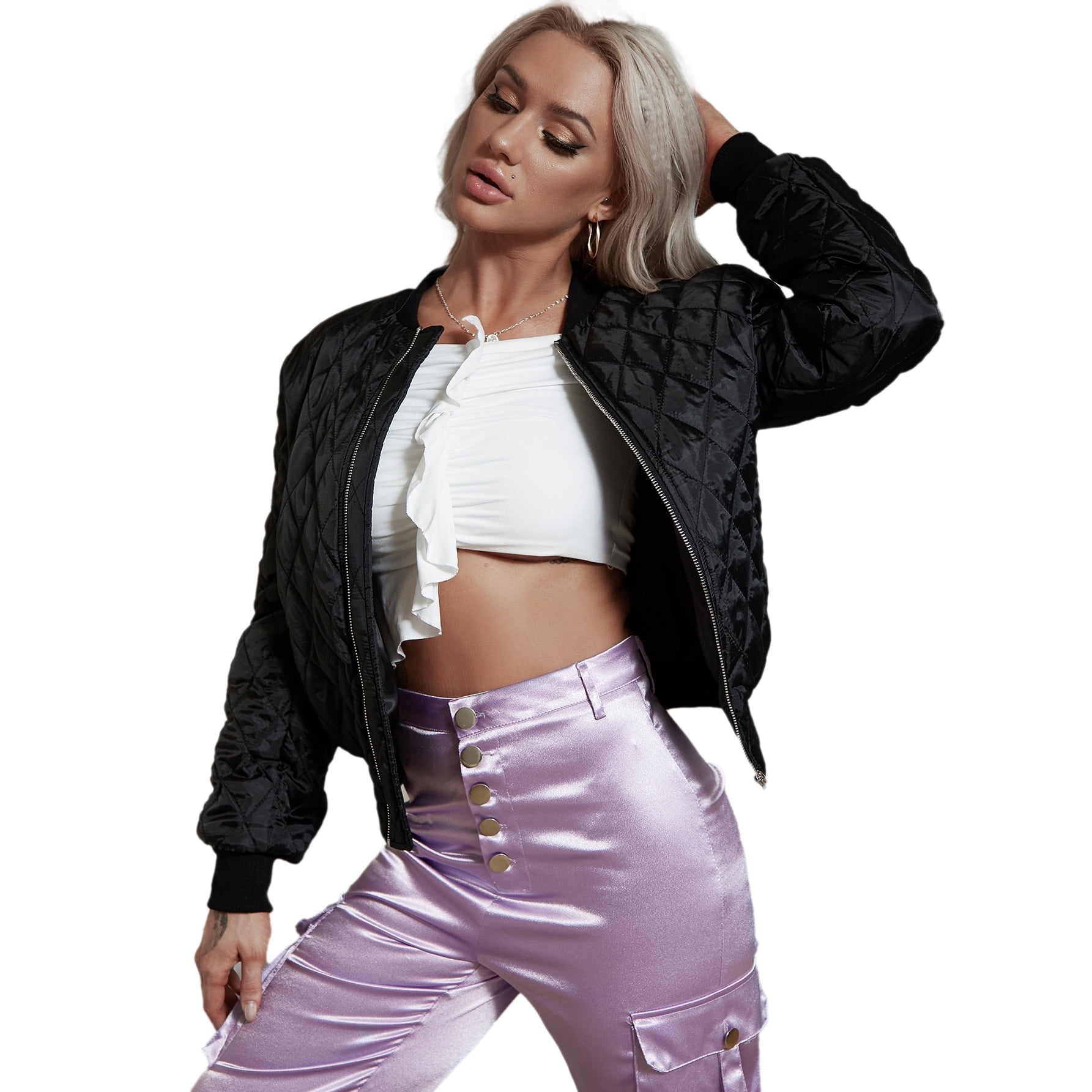 Eilly Bazar Classic Bomber Jacket for Women Quilted Female Zip Up Short ...