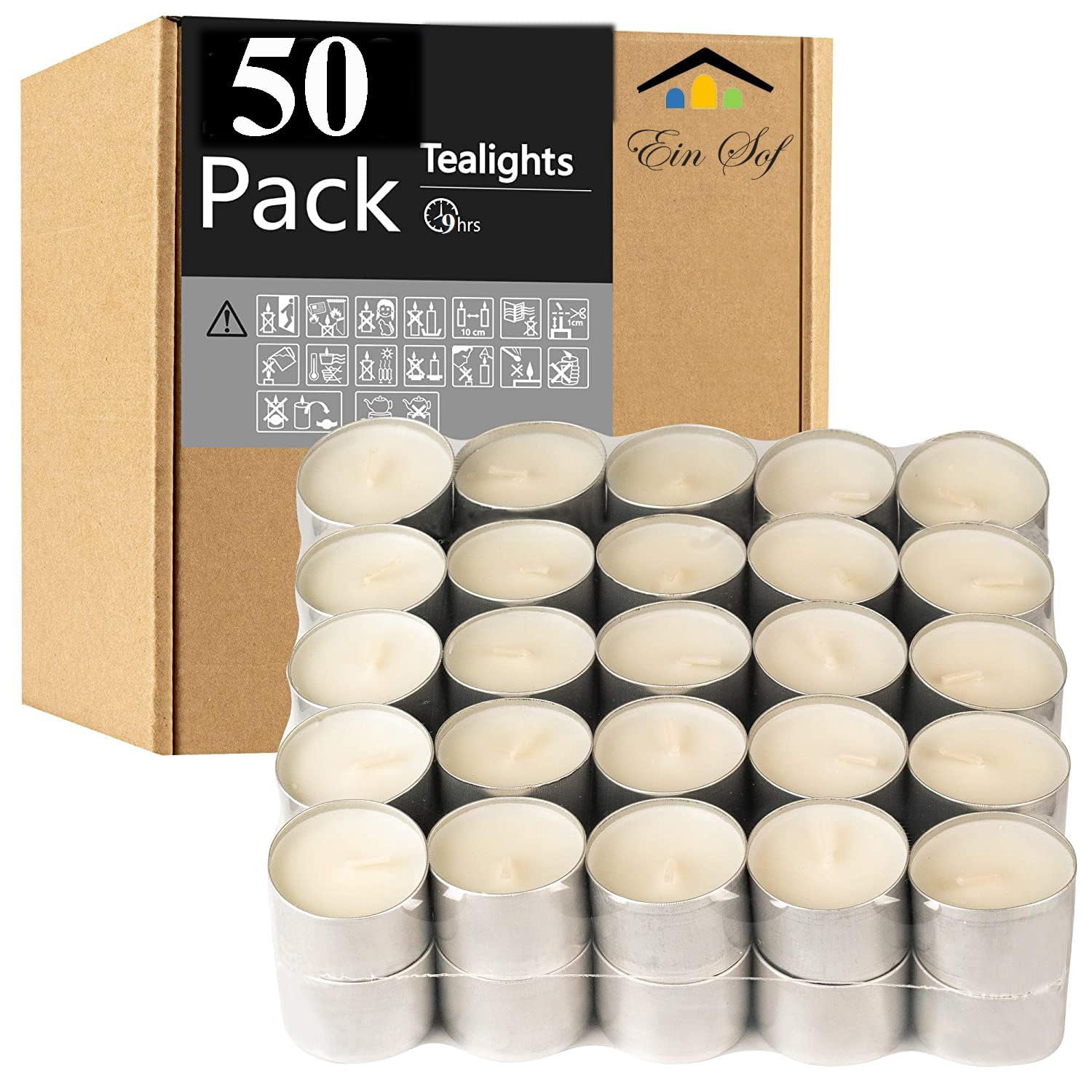 Ein Sof Jumbo Tealight Candles (Pack of 50) - 9 Hour Long Burn Time ...