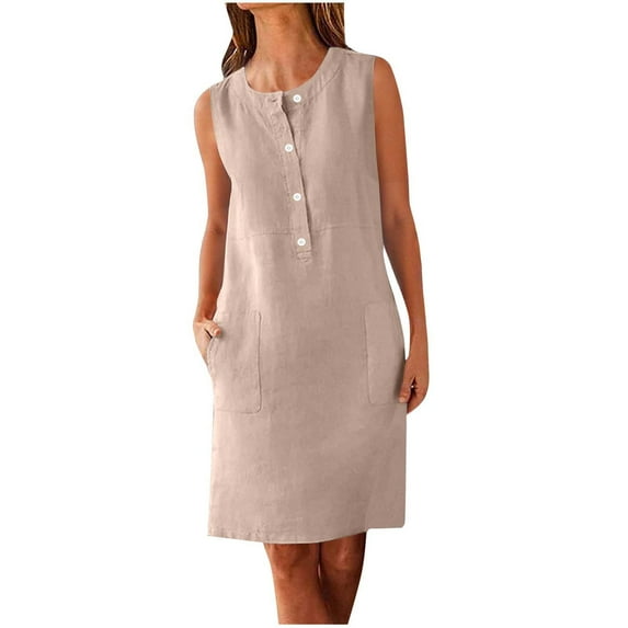 Einccm Casual Dress, Sleeveless Round Neck Button-Front Dress with ...