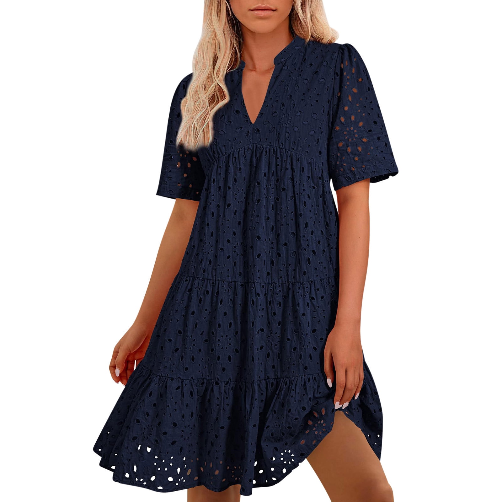Einccm Casual Women Summer Mini Dress V Neck Short Sleeve Solid ...