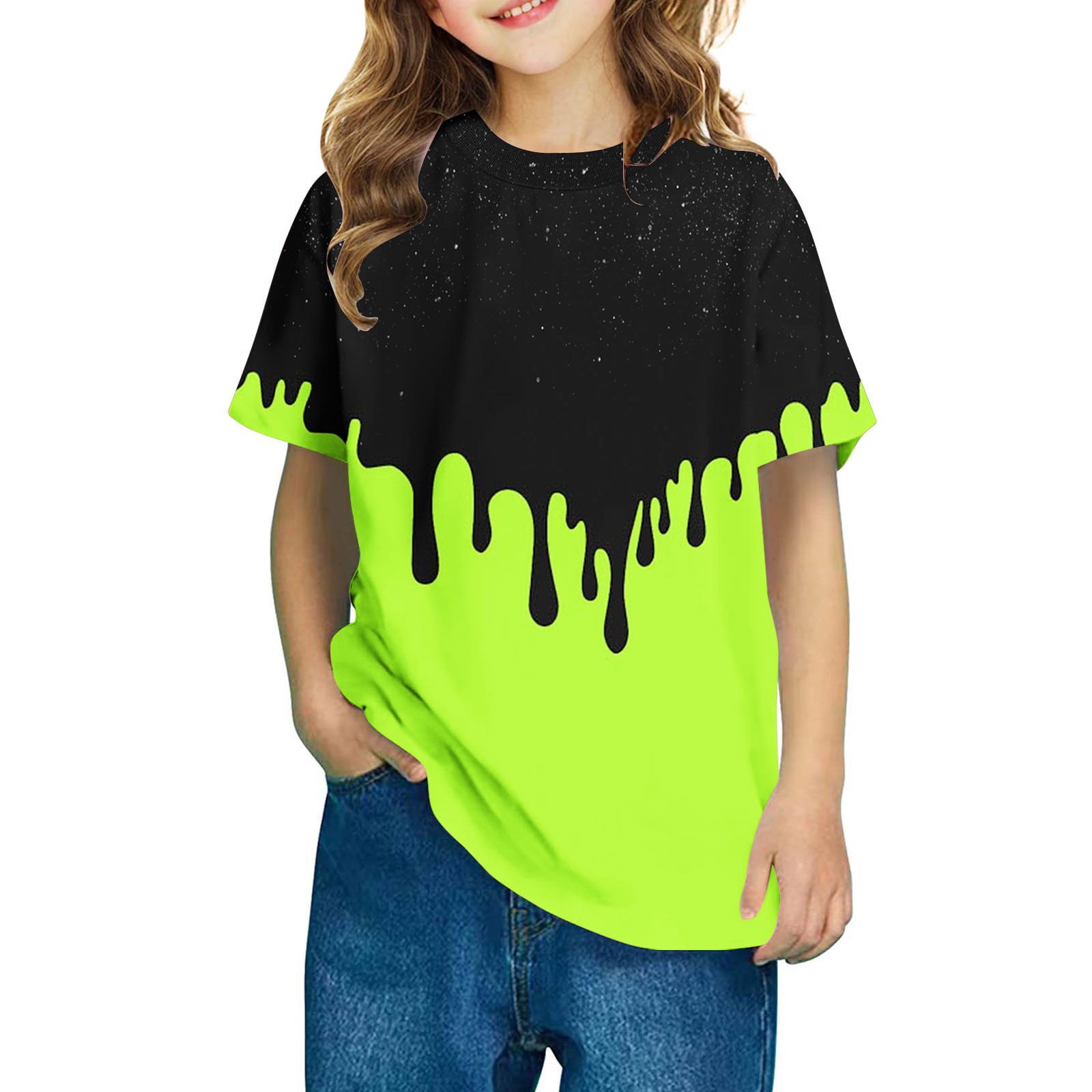 Einccm Kids Gradient Drip Print Short Sleeve T-Shirt, Loose Crew Neck ...