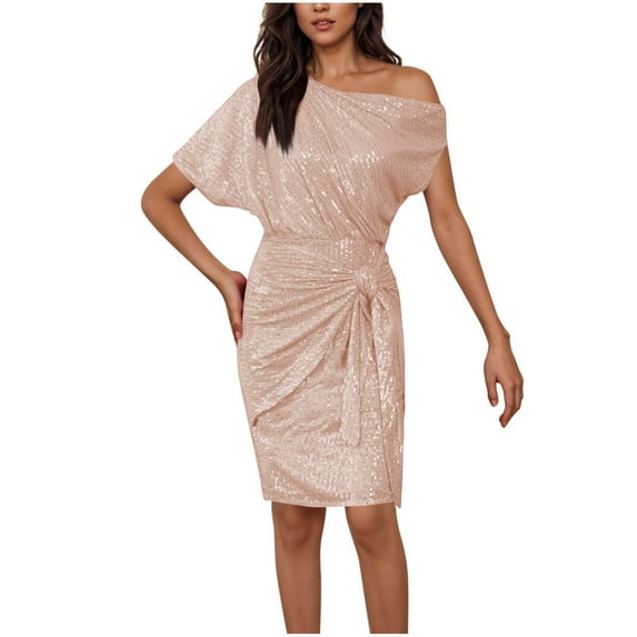 Einccm Off-Shoulder Bodycon Dress for Women, Sequined Tie-Waist Short ...