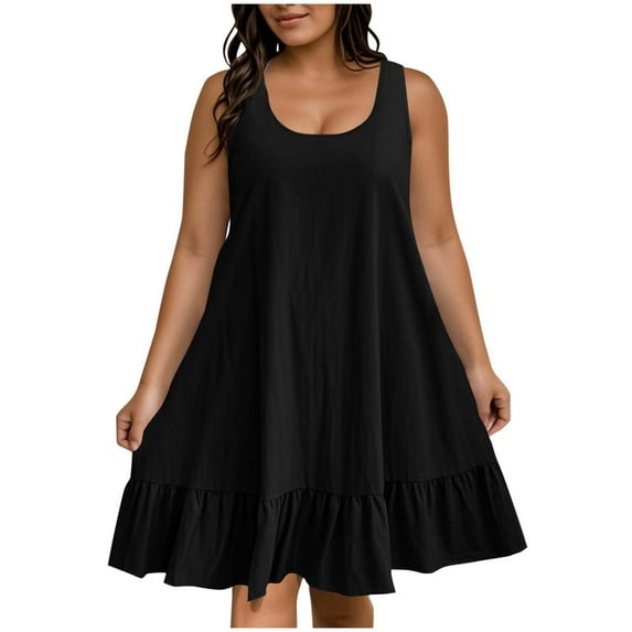 Einccm Plus Size Sleeveless Round Neck Casual A-Line Dress with Ruffle ...
