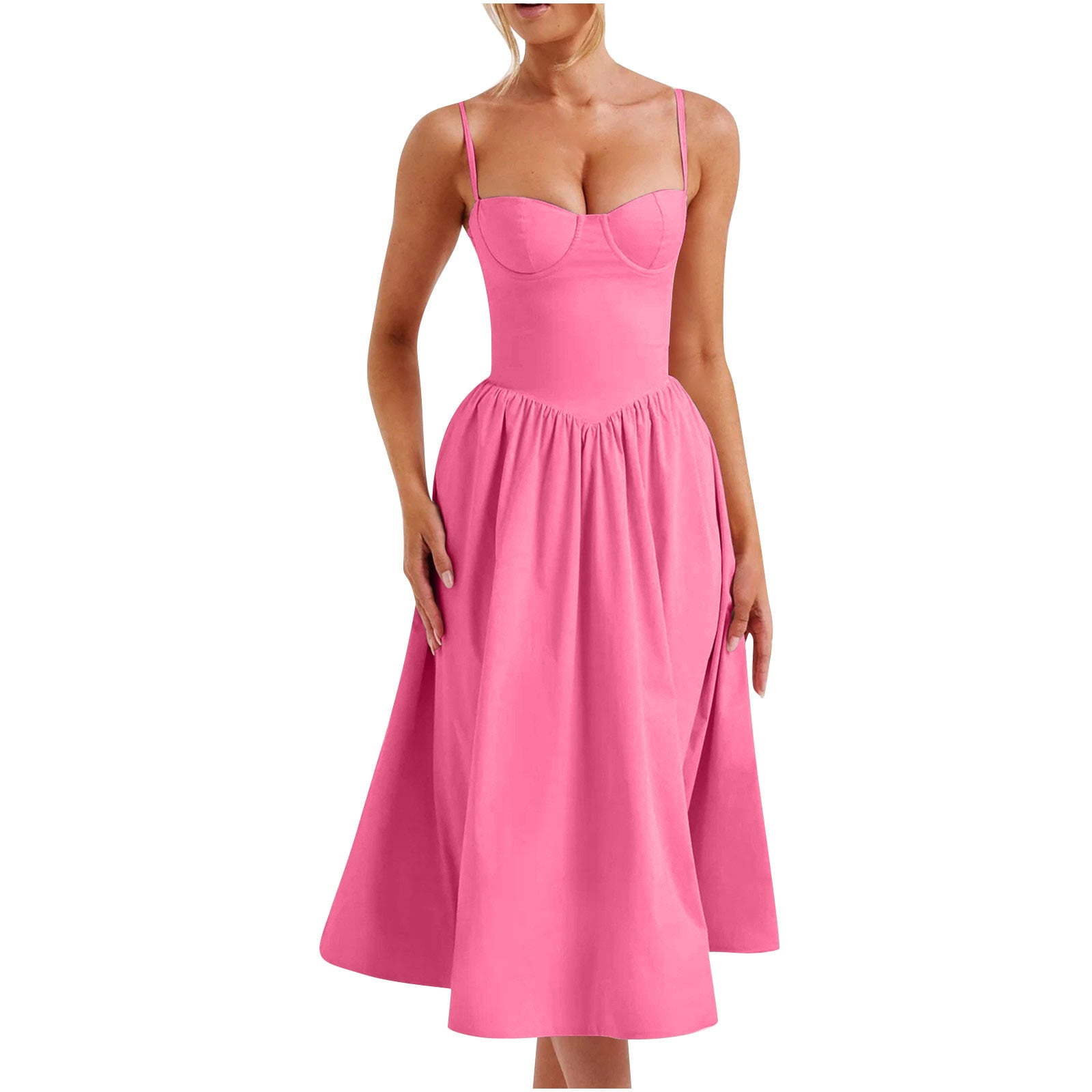 Einccm Sleeveless Ruched Midi Dress with V Neck and Tie Waist for ...