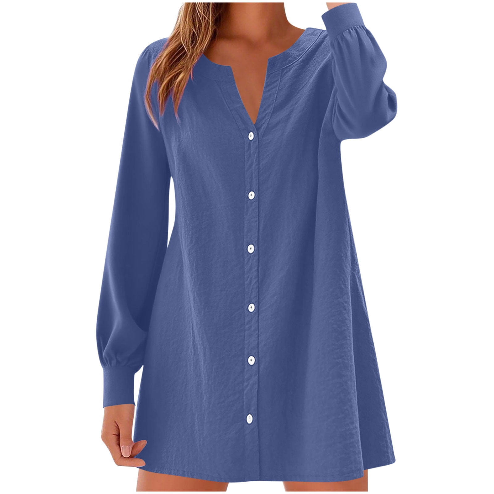 Einccm Women's Casual Dress for Summer, Linen-Like Long Sleeve V-Neck ...