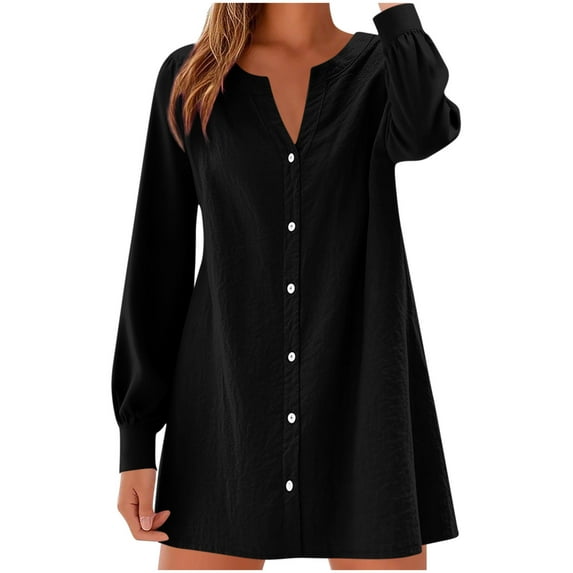 Einccm Women's Casual Dress for Summer, Linen-Like Long Sleeve V-Neck ...