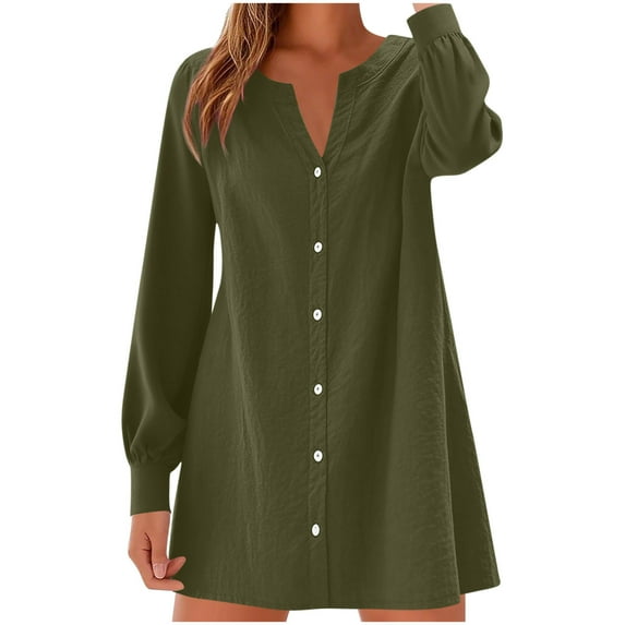Einccm Women's Casual Dress for Summer, Linen-Like Long Sleeve V-Neck ...