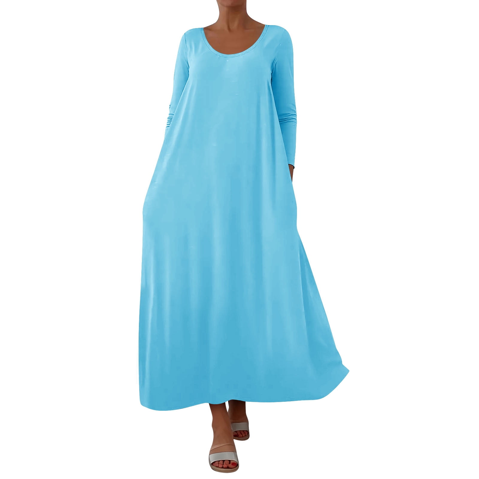 Einccm Women's Casual Maxi Dress Long Sleeve V Neck Solid Color Flowy a ...