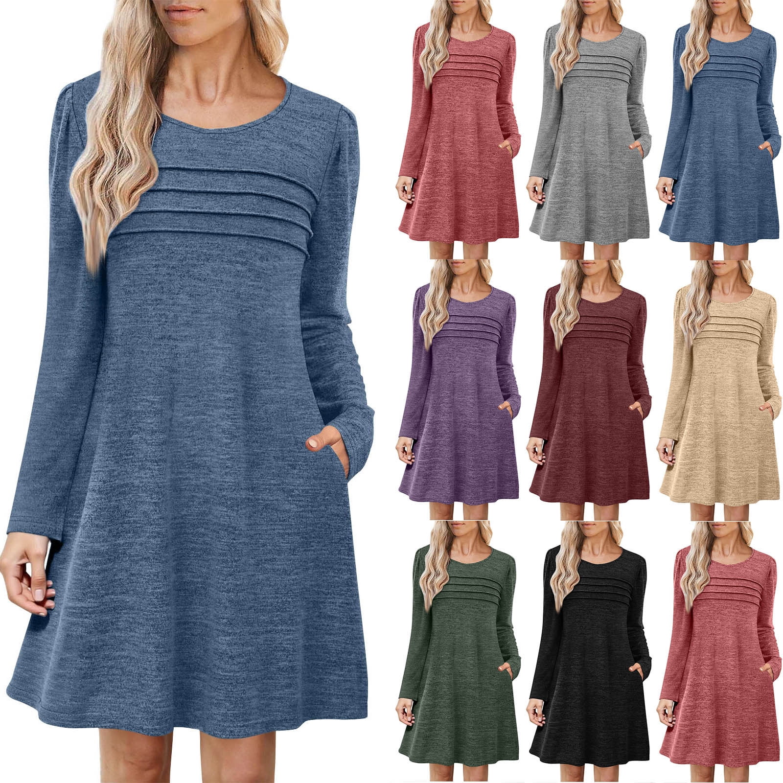 Einccm Women's Casual Round Neck Fold Dress with Long Sleeve and ...