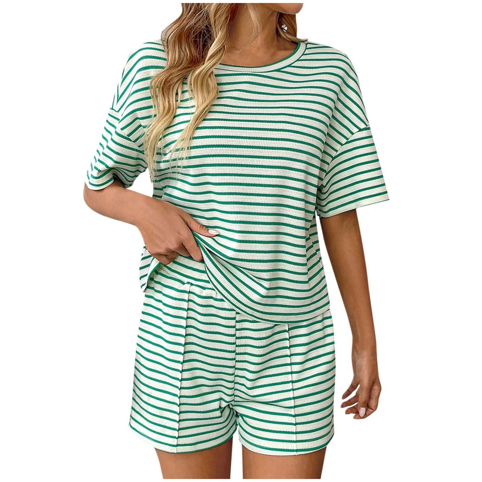 Einccm Women's Casual Round Neck Striped Short-Sleeve Shirt and Elastic ...