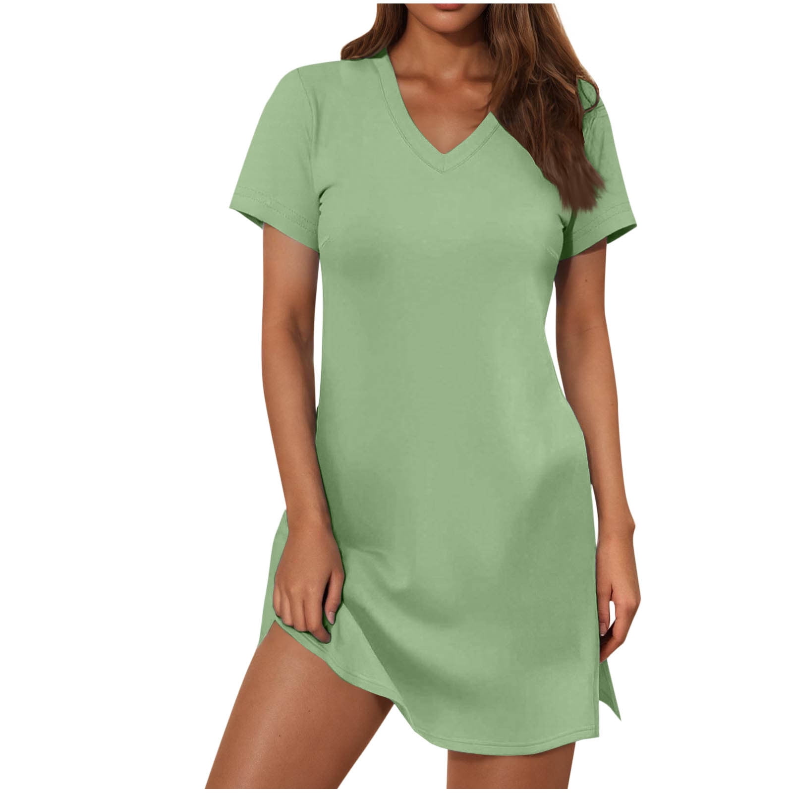 Einccm Women's Casual Summer Dress Short Sleeve V Neck Solid Color ...