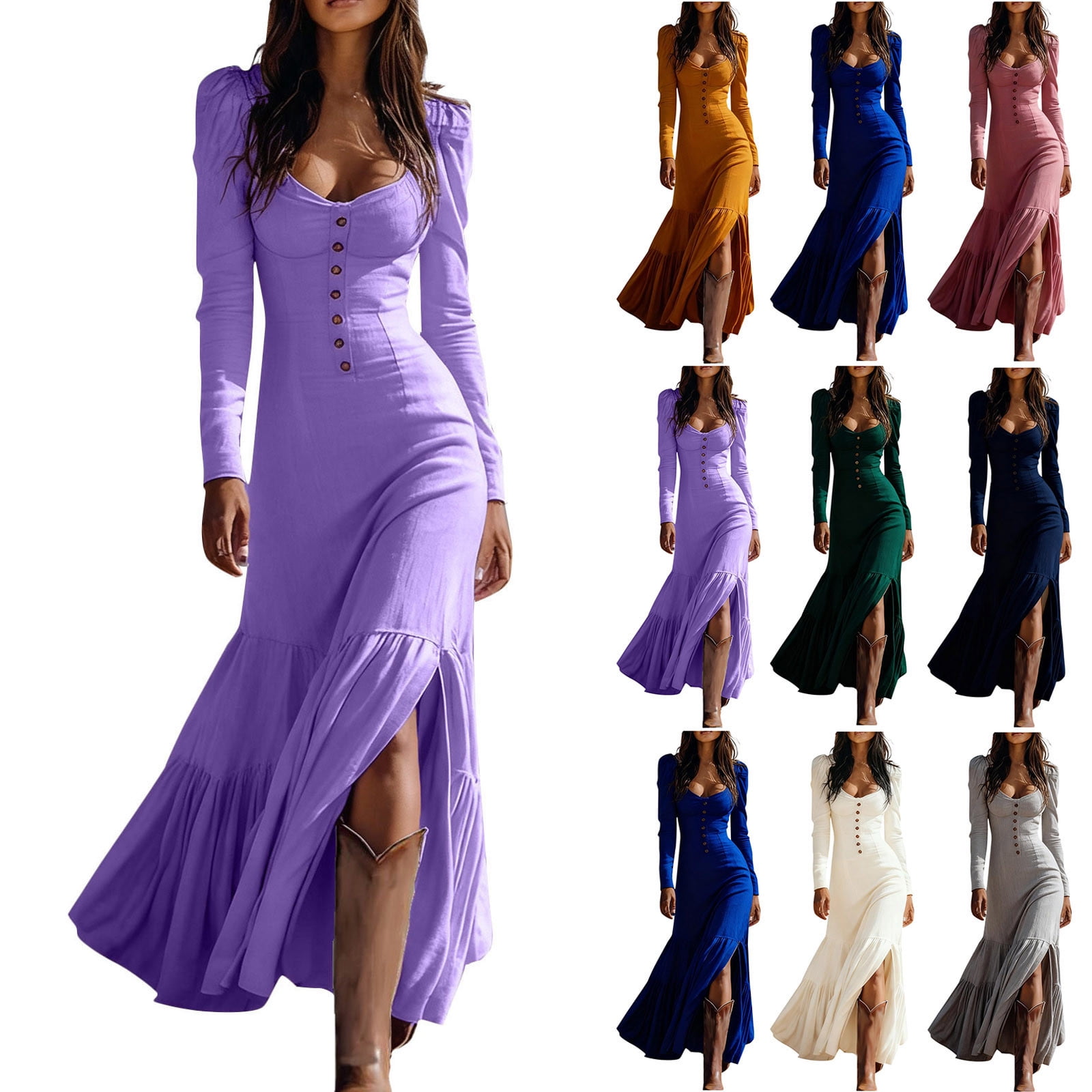 Einccm Women's Elegant Solid Color Long Sleeve V-Neck Dress with Button and Zipper Details ...