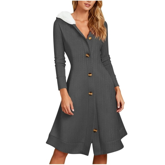 Einccm Women's Hooded Knit Sweater Dress Long Sleeve Casual Button ...