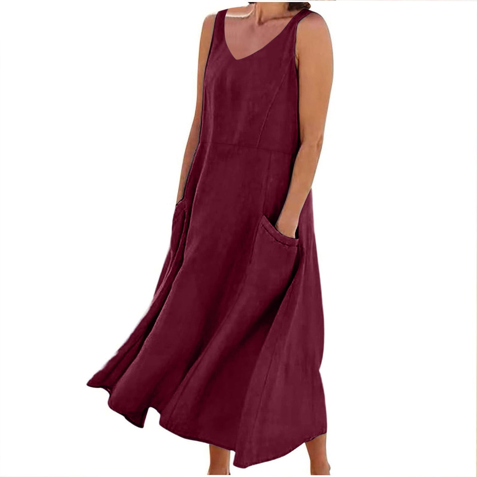 Einccm Women's Linen Maxi Dress Sleeveless Casual Solid Color a Line ...