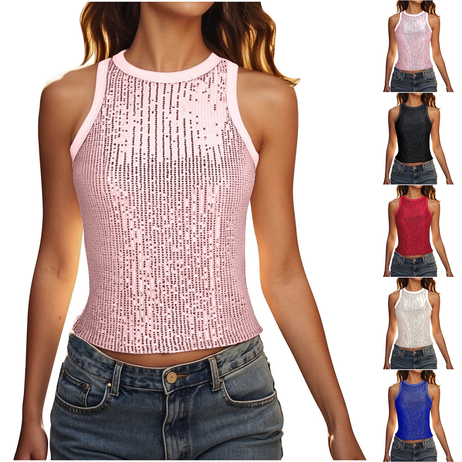 Einccm Women's Sequined Colorblock Crop Tank Top Sleeveless Round Neck ...