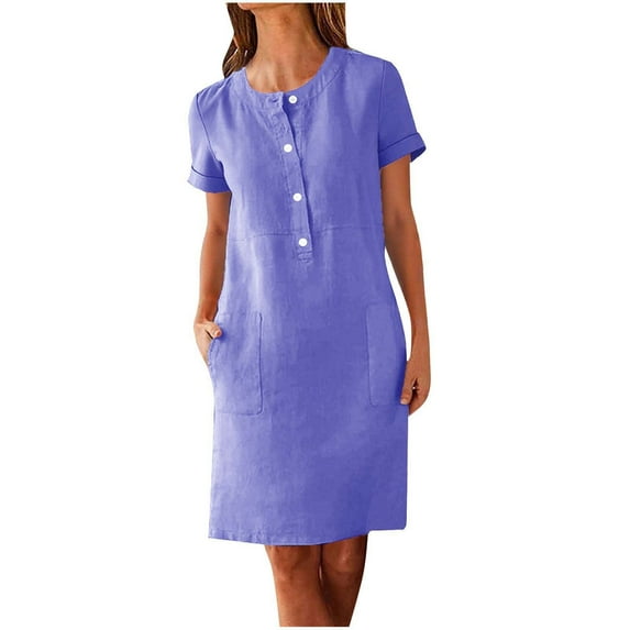 Einccm Women's Short-Sleeve Button-Front Dress with Round Neck and ...