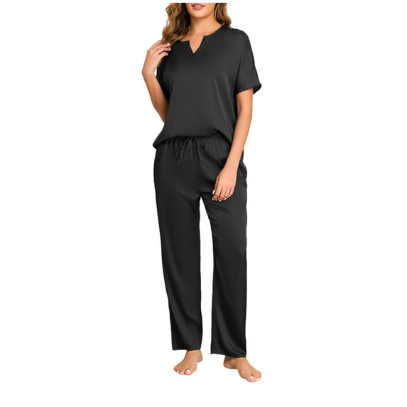 Einccm Women's Solid Color V-Neck Short-Sleeve Pajamas Set with Long ...