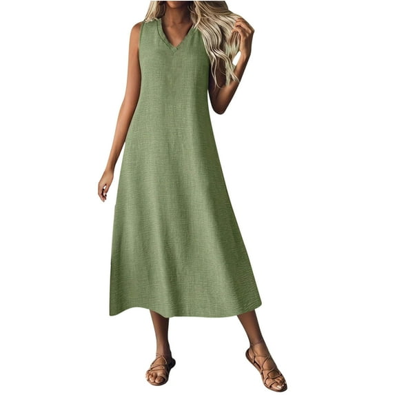 Einccm Women's Summer Casual V Neck Sleeveless Maxi Dress Flowy Solid ...