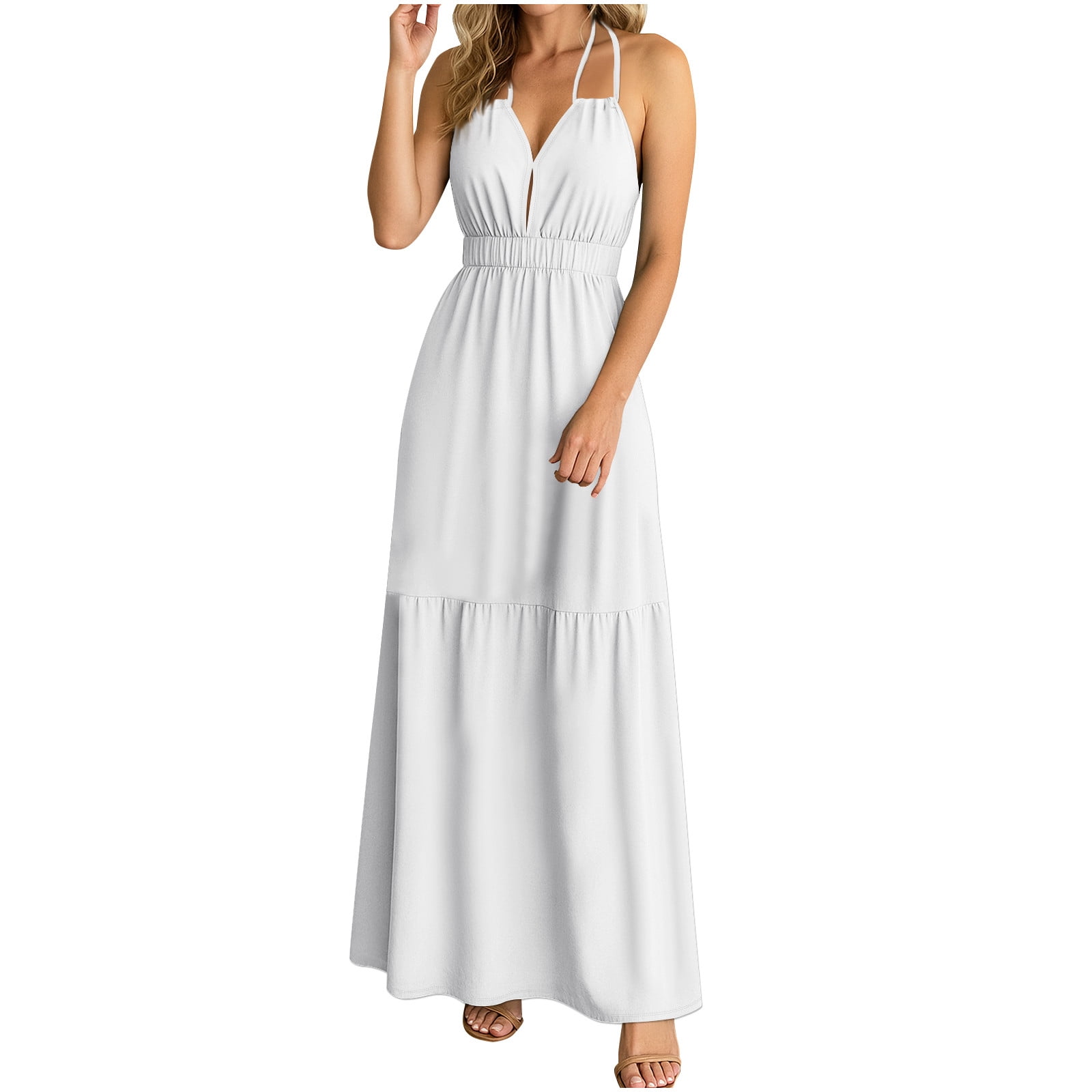 Einccm Women's Summer Sleeveless Loose Fit V Neck Resort Dress, Flowy ...