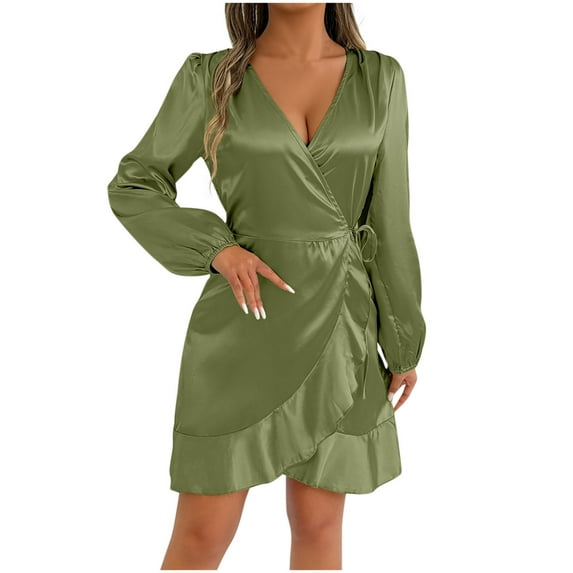 Einccm Women's V Neck Wrap Dress with Long Sleeves, Ruched Tie Waist ...