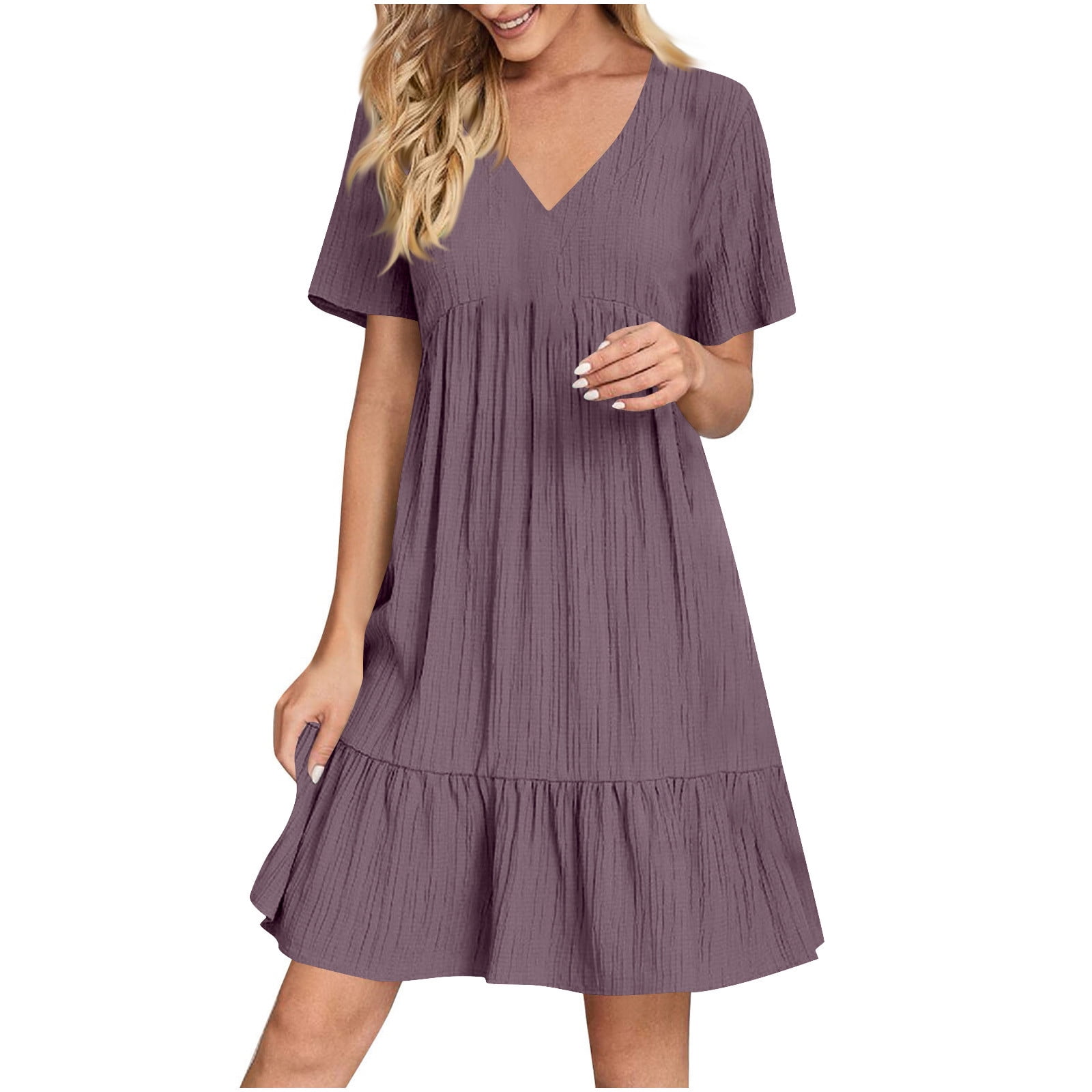 Einccm Womens V Neck Pleated Casual Dress with Lace Detail and High ...