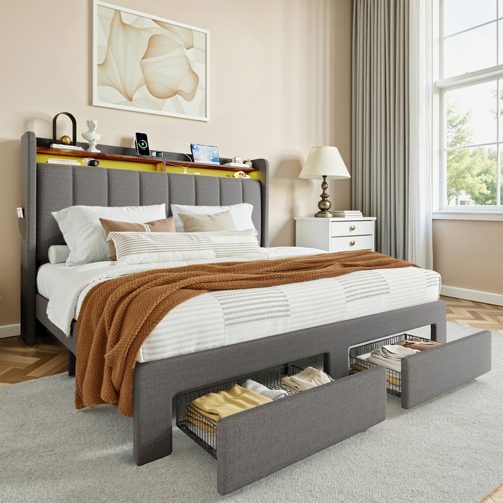 Einfach Full Bed Frame, Storage Bed with Built-In Charging Station ...
