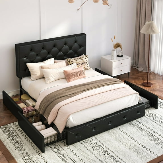 Einfach Full Leather Platform Bed with 4 Big Storage Drawers, Diamond ...