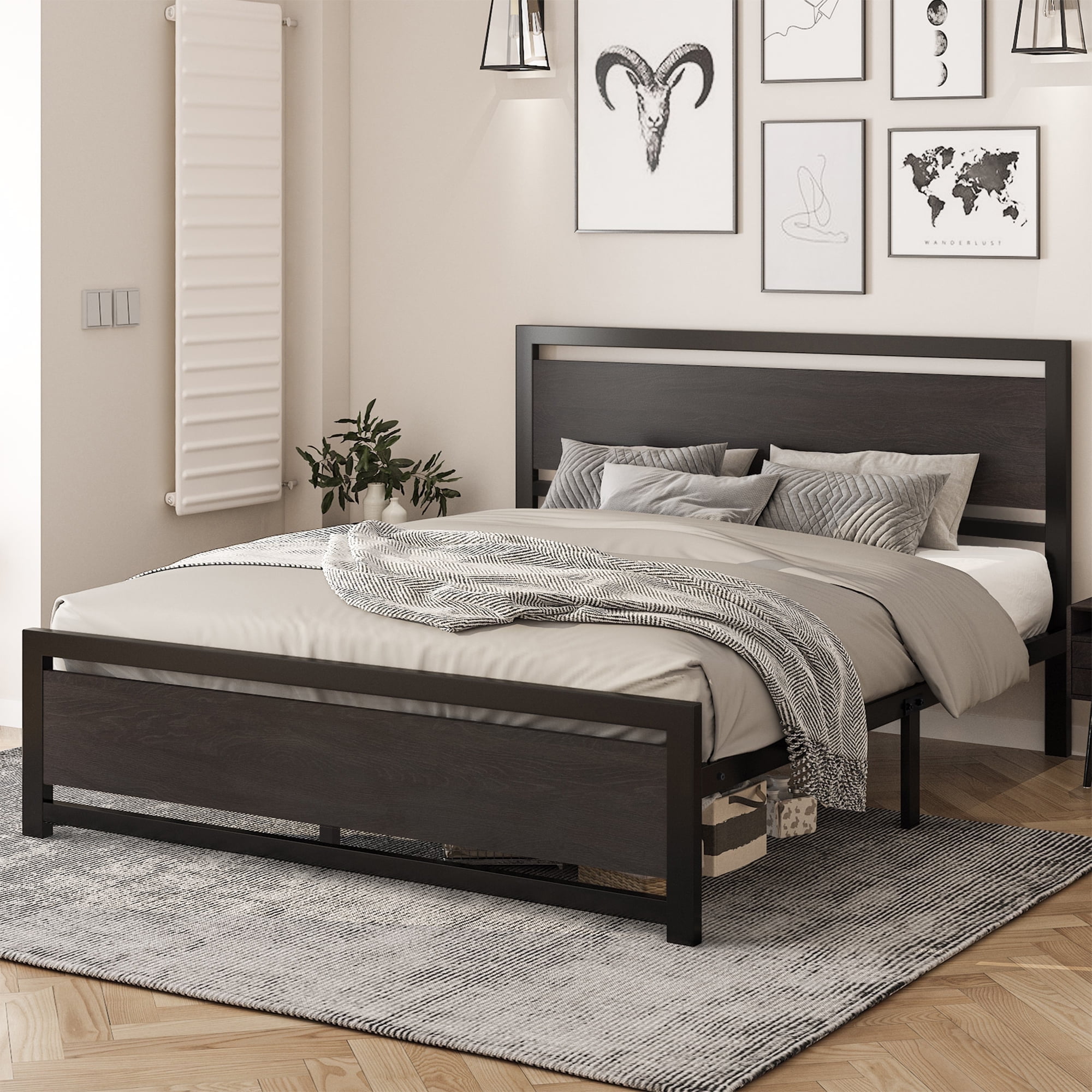 Einfach Full Size Metal Platform Bed Frame with Wooden Headboard ...