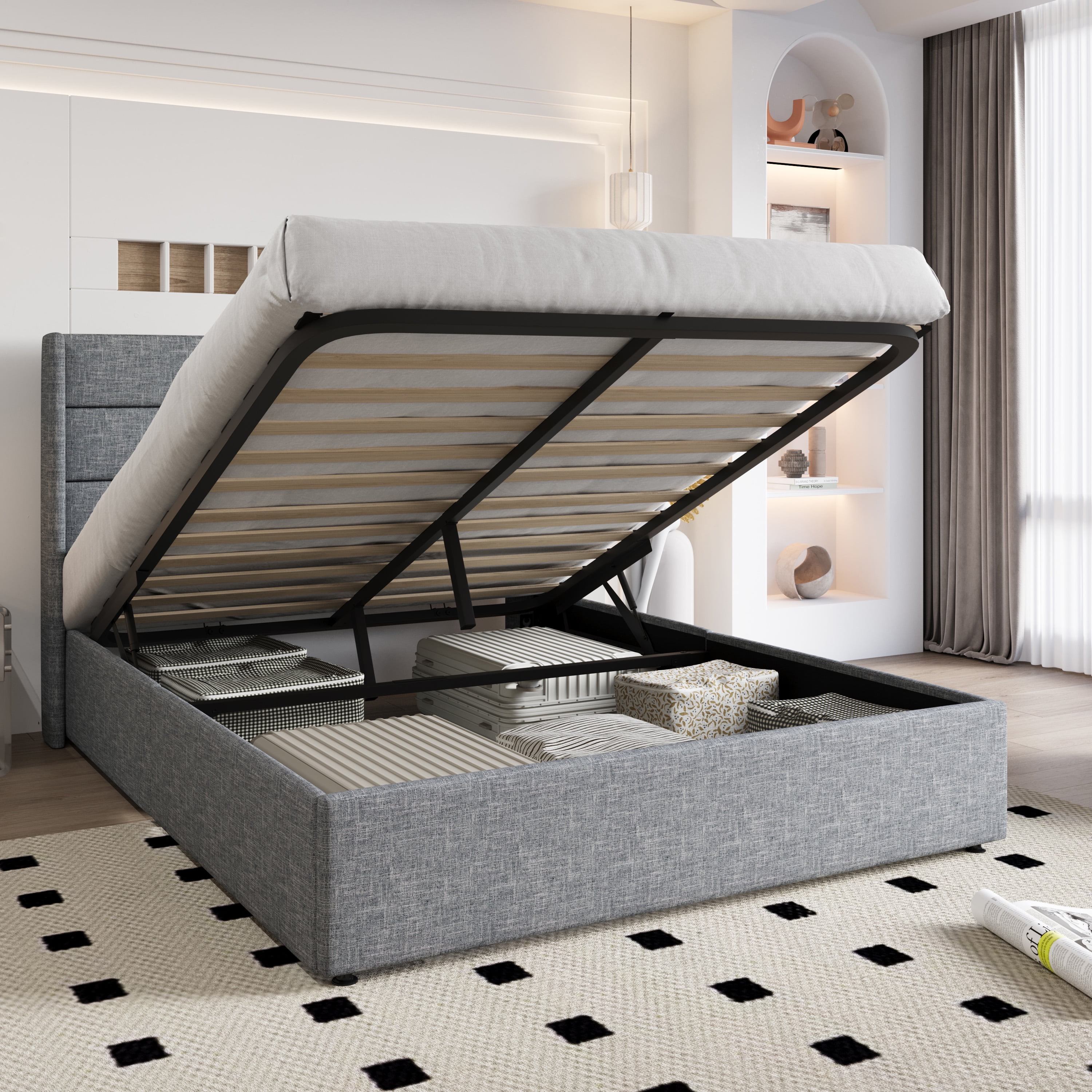 Einfach Full Size Lift up Platform Storage Bed Frame with Fabric ...