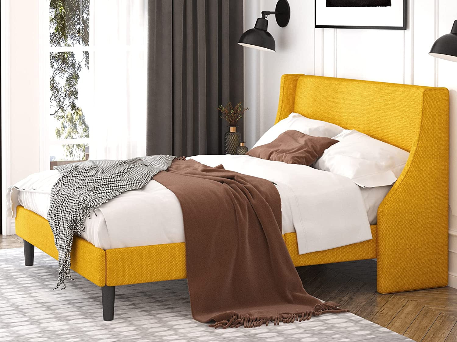 Einfach Full Size Platform Bed Frame with Light Yellow Upholstered ...