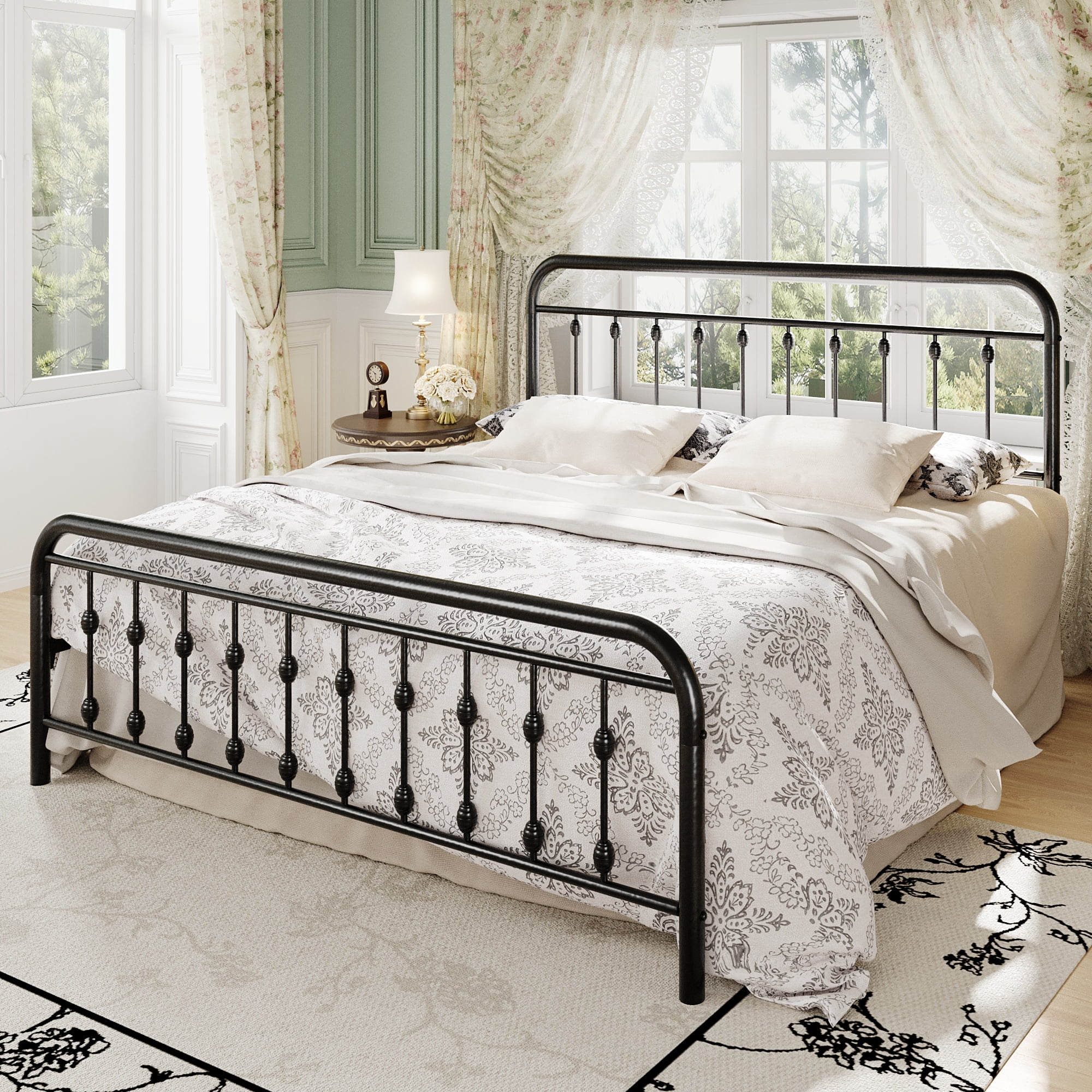 Einfach King Bed Frame, Metal Platform Bed with Vintage Headboard, No ...