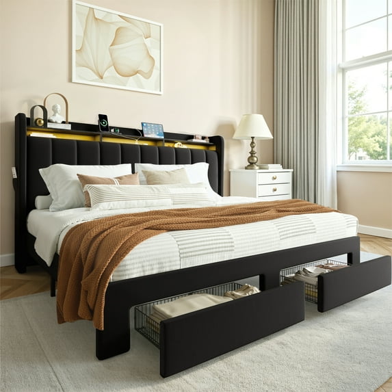 Einfach King Bed Frame, Storage Bed with Built-In Charging Station ...