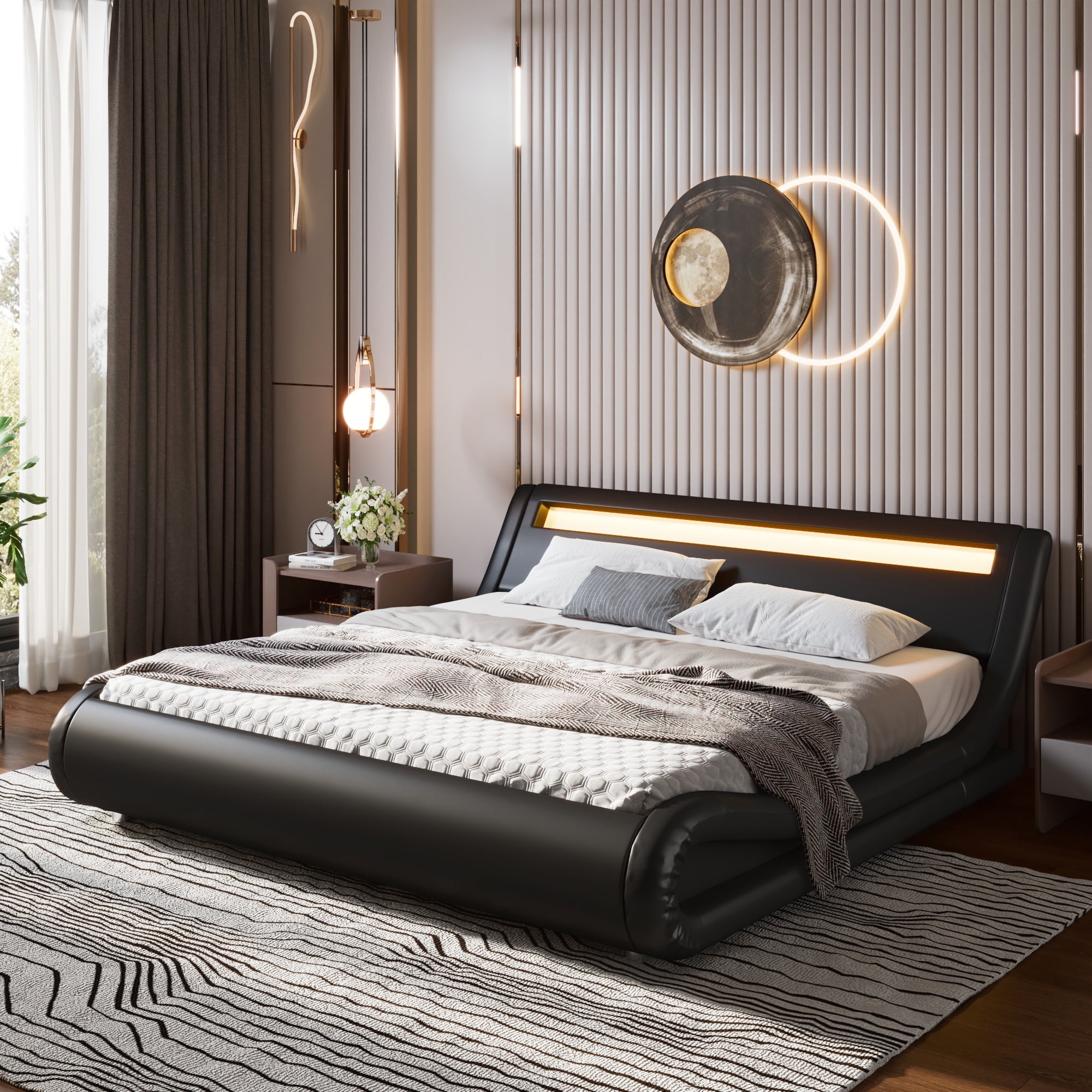 Einfach King Faux Leather LED Sleigh Bed with Functional Headboard ...