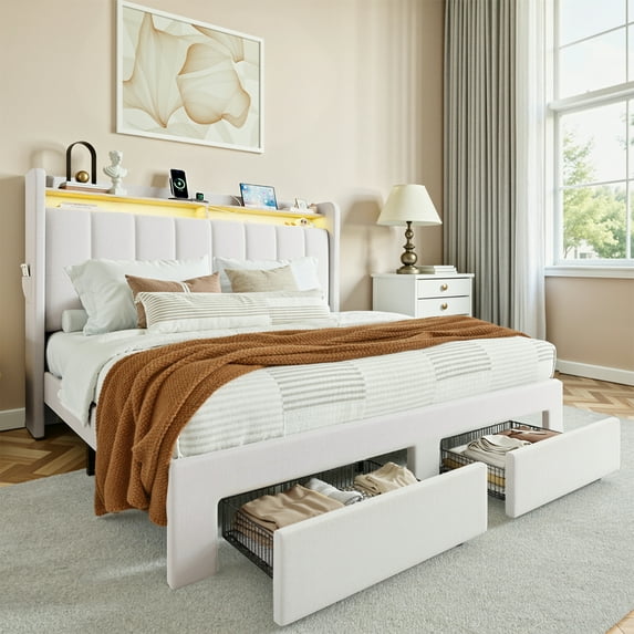 Einfach Queen Bed Frame, Storage Bed with Built-In Charging Station ...