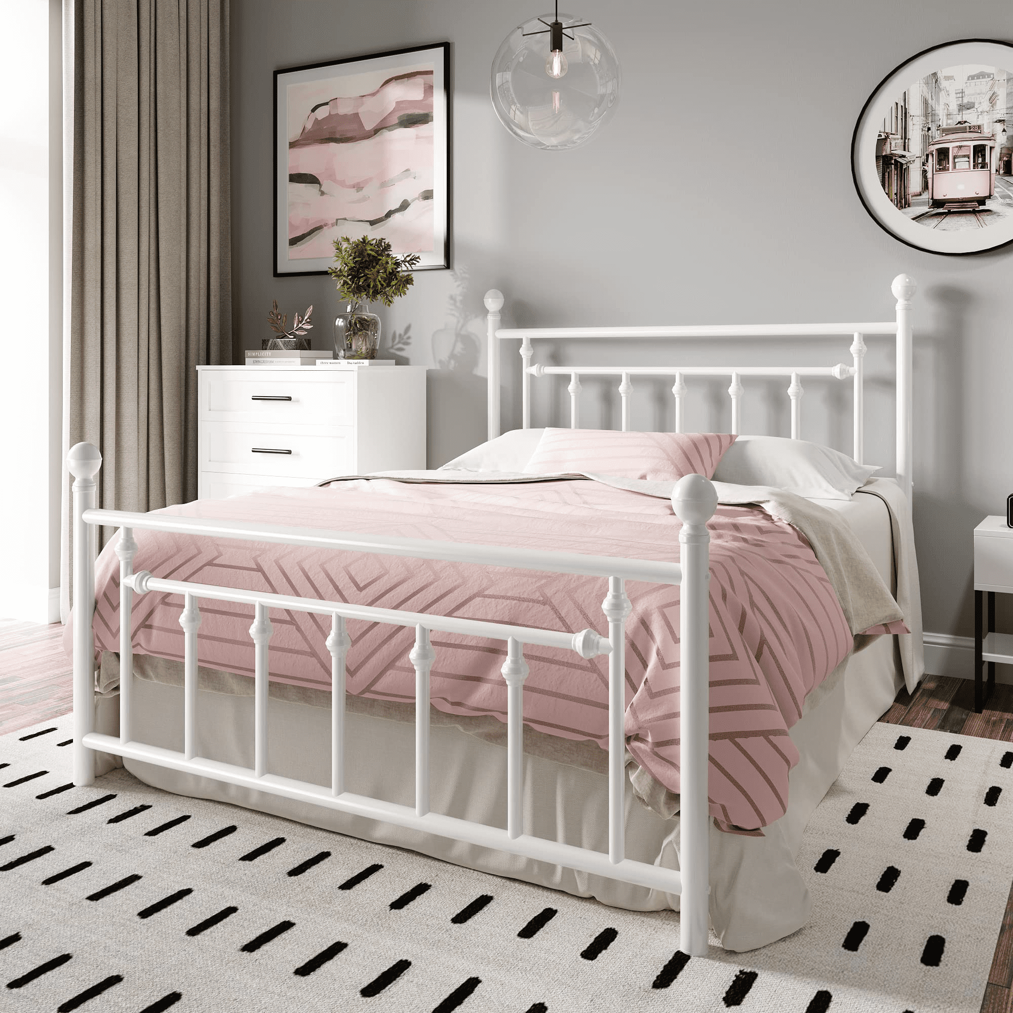 Einfach Queen Size Metal Slat Bed Frame with Victorian Style Headboard and Footboard White Walmart