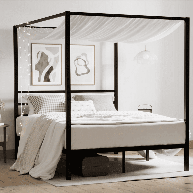 Einfach Queen Size Canopy Bed Frame with Steel Slat Support Black Walmart
