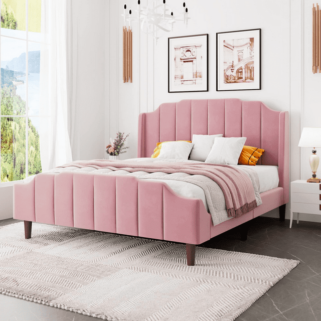 Einfach Queen Size Upholstered Platform Bed with Curved Velvet Wingback ...