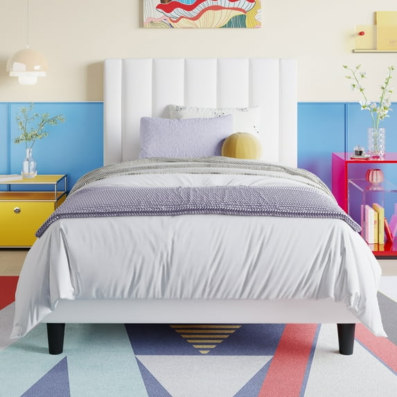 Einfach Twin Bed Frame, Platform Bed with Upholstered Velvet Vertical ...