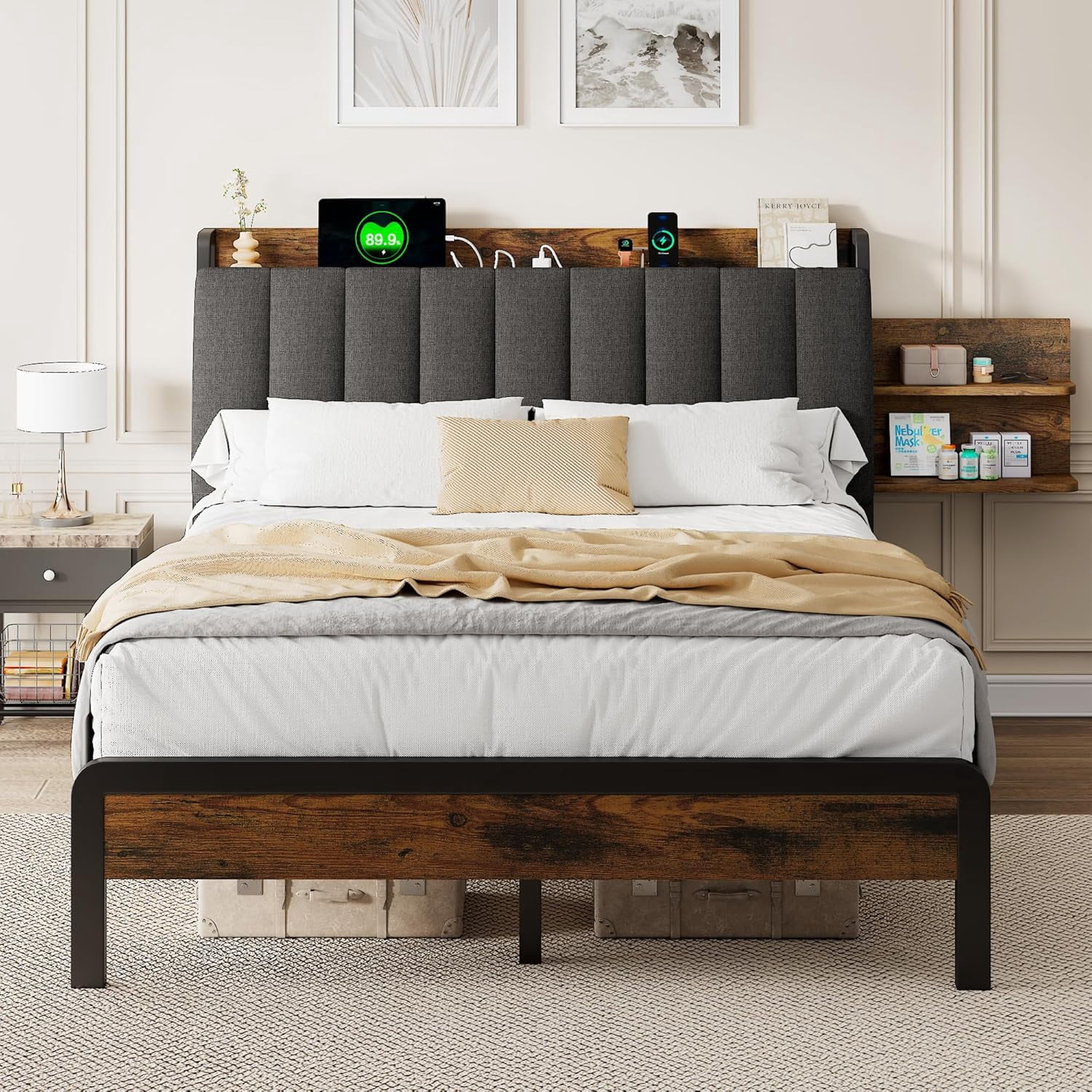 Einhomn Full Bed Frame with Hidden Storage Shelf, Platform Bed Frame ...