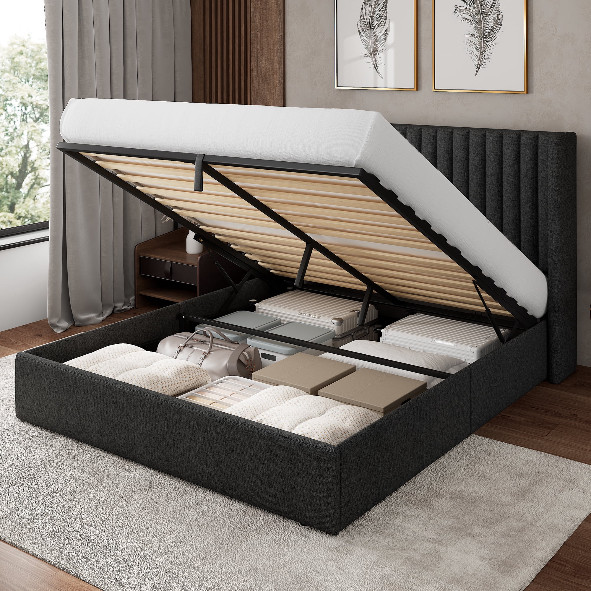 Einhomn Full Size Lift Up Storage Bed With Wingback Headboard ...