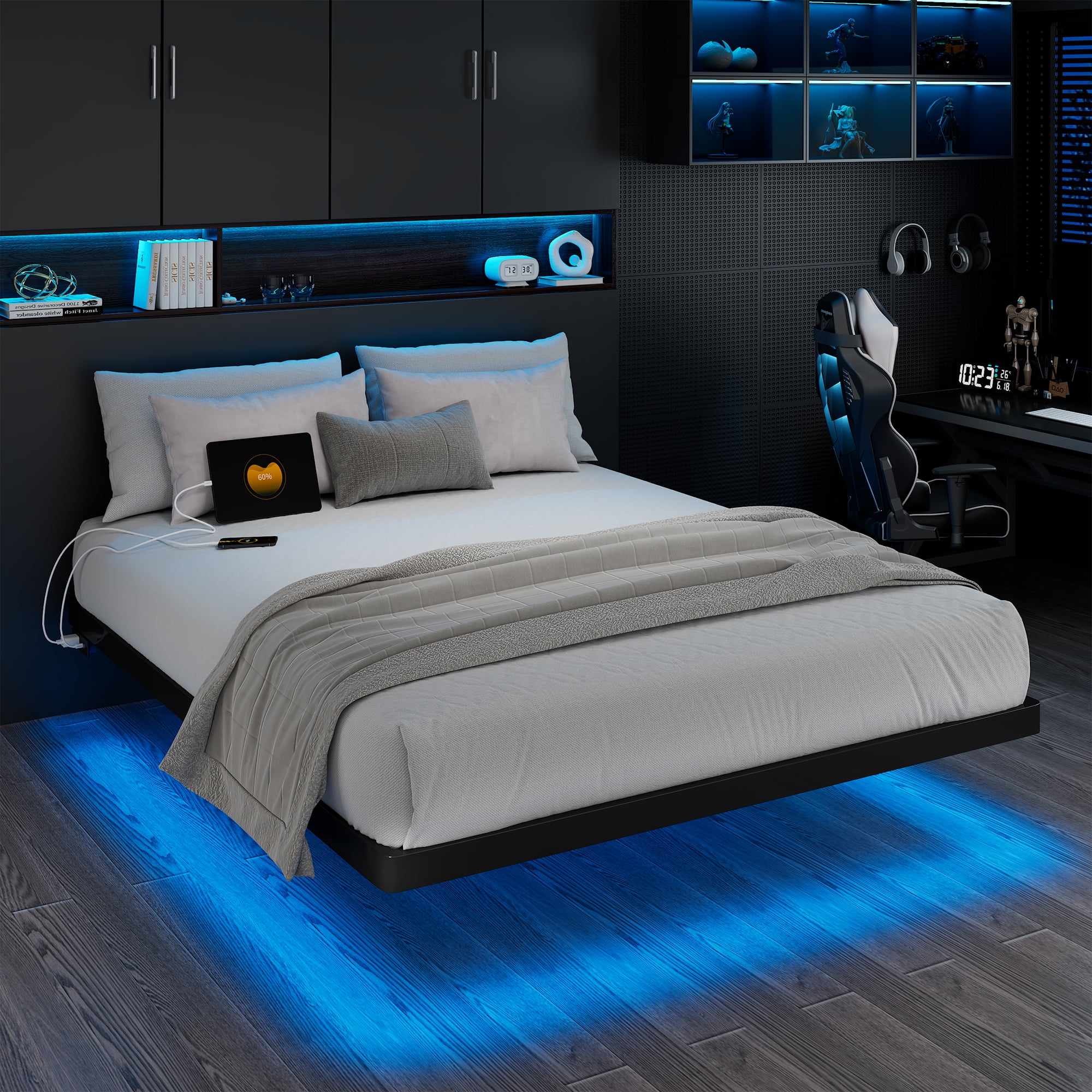 Virans King Size Floating Bed Frame with RGB LED Lights and Charging ...
