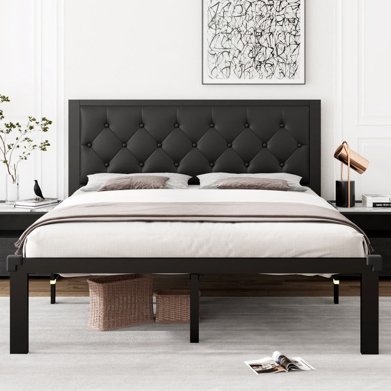 Einhomn Queen Bed Frame with Faux Leather Soft Pad Tufted Headboard ...
