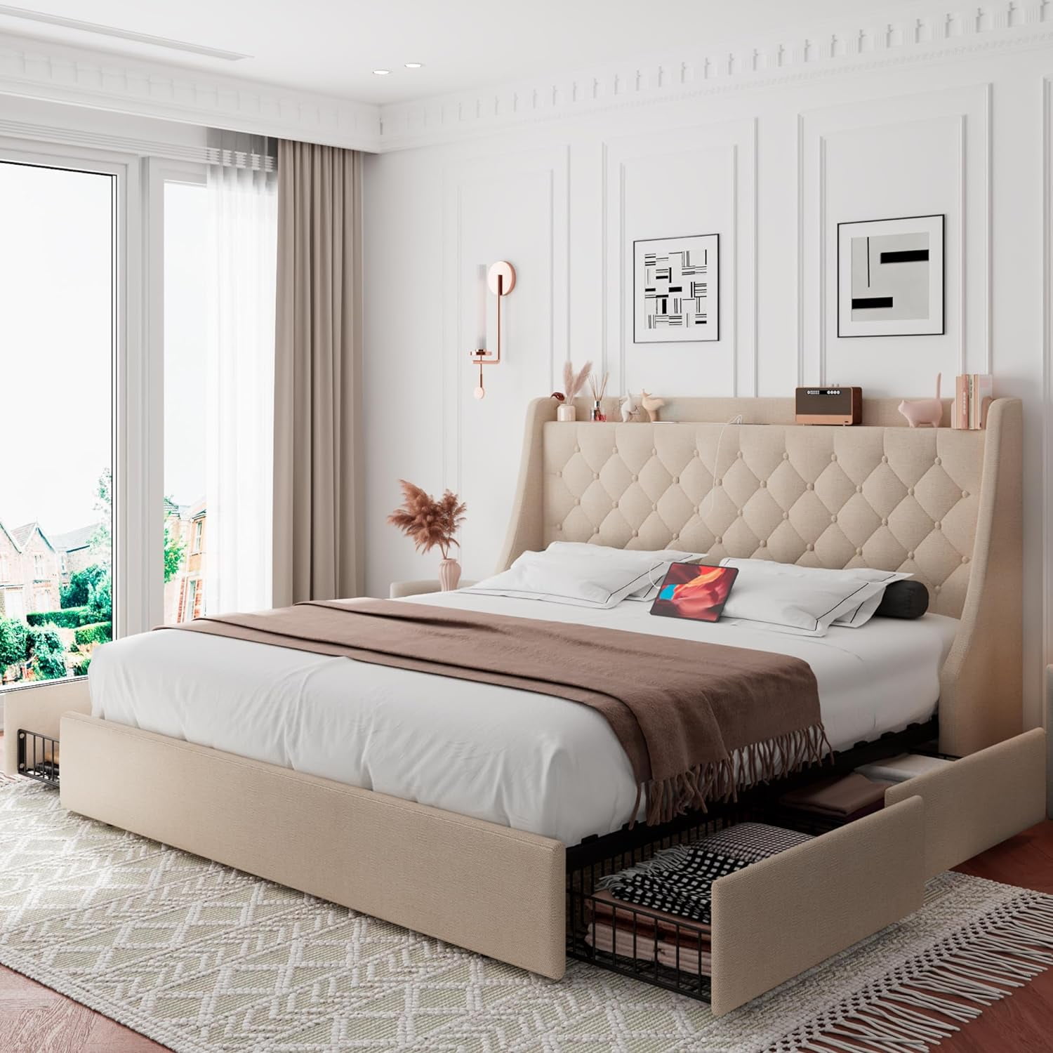 Einhomn Queen Bed Frame with 4 Storage Drawers, Upholstered Platform ...
