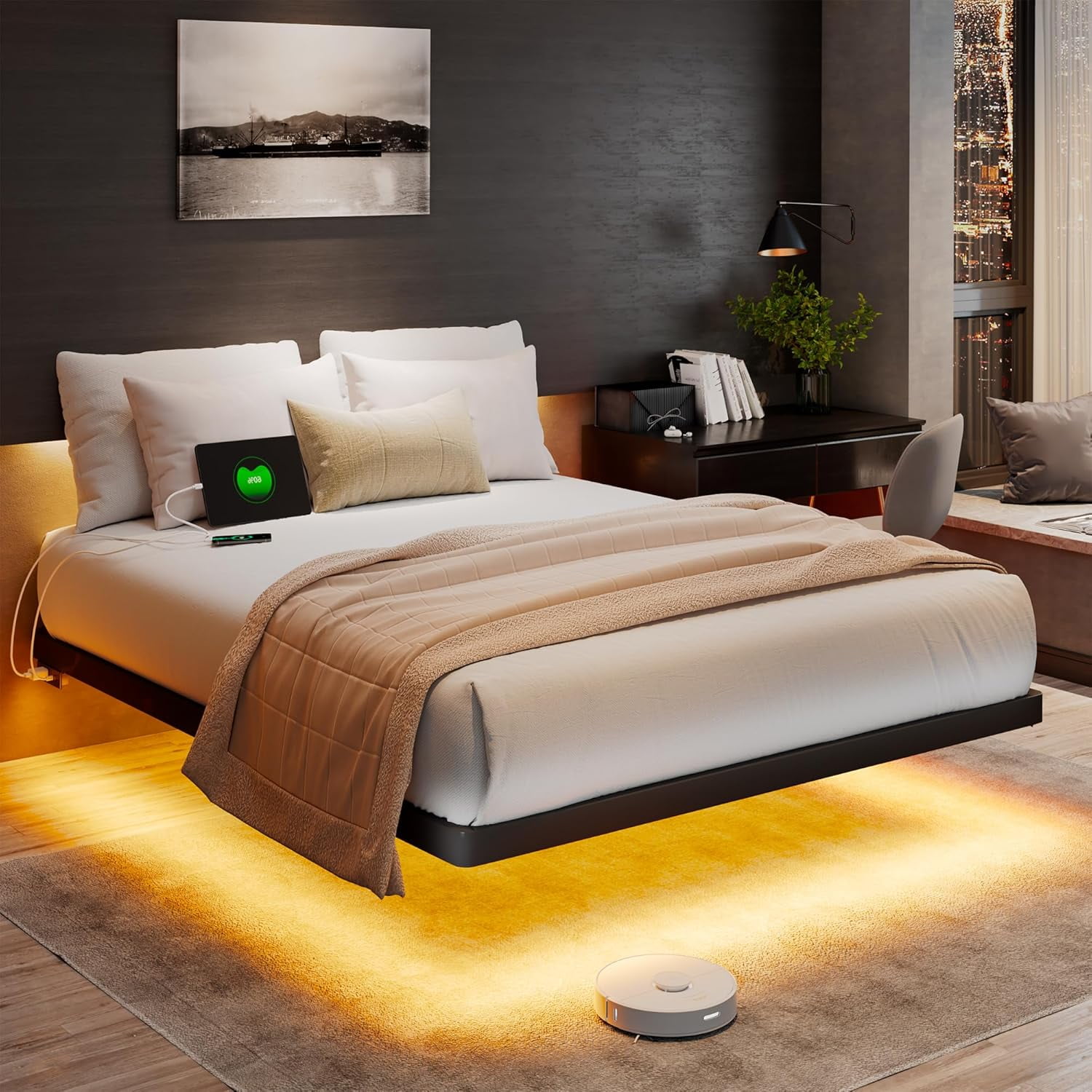 Einhomn Queen Size Floating Bed Frame with RGB LED Lights and Charging ...