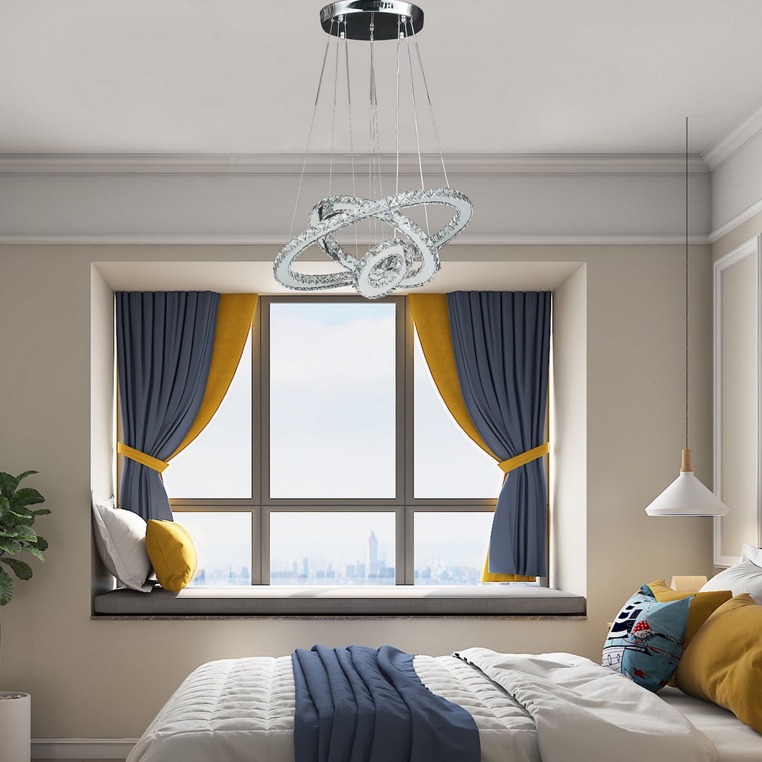 Eira Adjustable LED Chandelier – Triple Crystal Hoop Design – Remote ...